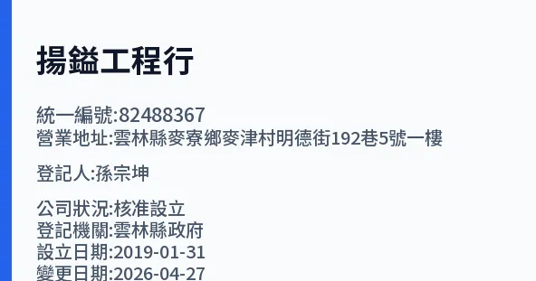 揚鎰工程行的照片-統編 82488367(雲林縣) 公司登記資料與營業項目詳細圖表