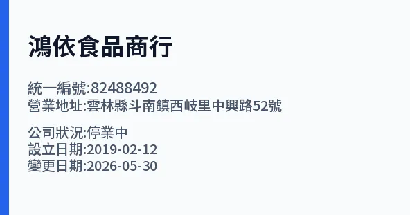 鴻依食品商行的照片-統編 82488492(雲林縣) 公司登記資料與營業項目詳細圖表