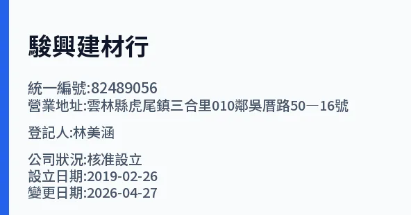 駿興建材行的照片-統編 82489056(雲林縣) 公司登記資料與營業項目詳細圖表