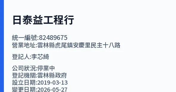 日泰益工程行的照片-統編 82489675(雲林縣) 公司登記資料與營業項目詳細圖表