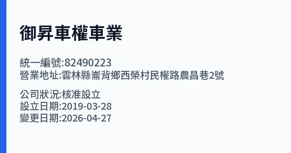 御昇車權車業的照片-統編 82490223(雲林縣) 公司登記資料與營業項目詳細圖表