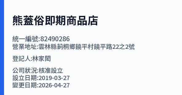 熊蓋俗即期商品店的照片-統編 82490286(雲林縣) 公司登記資料與營業項目詳細圖表