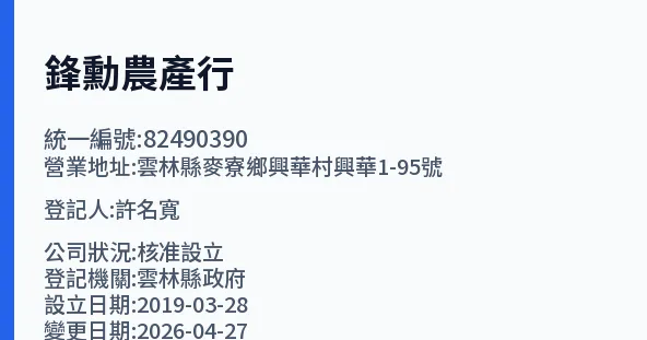 鋒勳農產行的照片-統編 82490390(雲林縣) 公司登記資料與營業項目詳細圖表