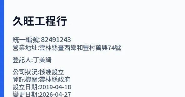 久旺工程行的照片-統編 82491243(雲林縣) 公司登記資料與營業項目詳細圖表