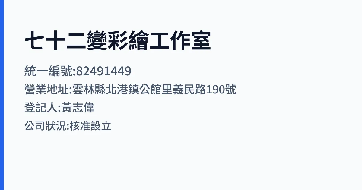 七十二變彩繪工作室 - 統編 82491449(雲林縣) 公司登記資料與營業項目詳細圖表