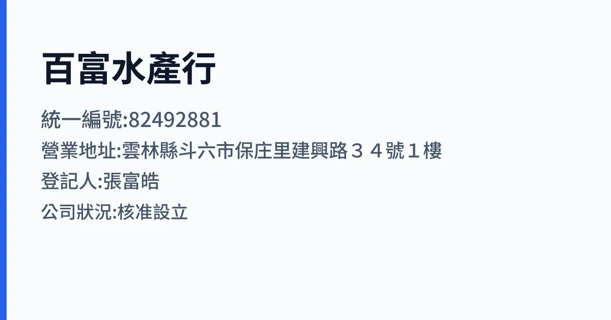 百富水產行 - 統編 82492881(雲林縣) 公司登記資料與營業項目詳細圖表