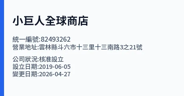 小巨人全球商店的照片-統編 82493262(雲林縣) 公司登記資料與營業項目詳細圖表