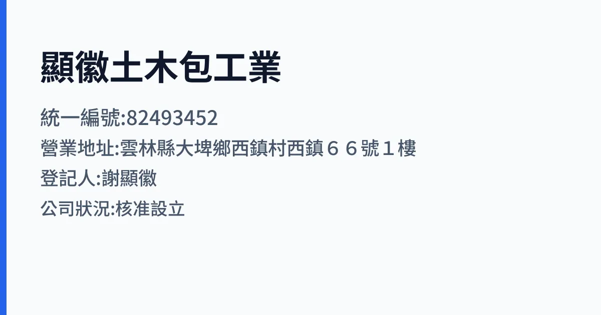 顯徽土木包工業 - 統編 82493452(雲林縣) 公司登記資料與營業項目詳細圖表
