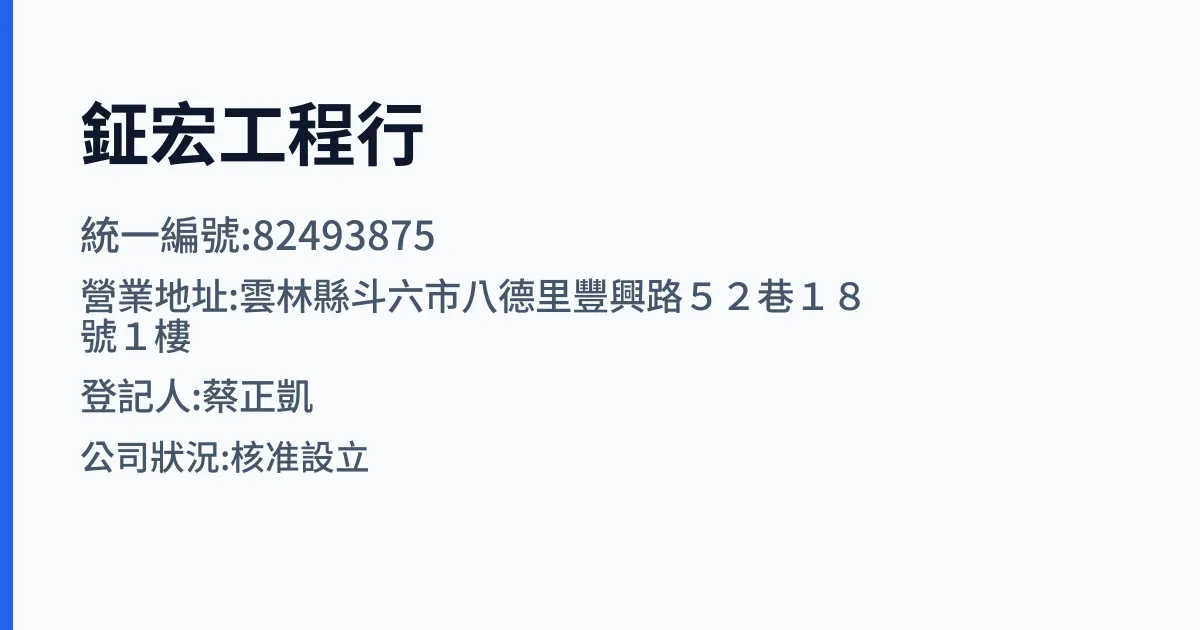 鉦宏工程行 - 統編 82493875(雲林縣) 公司登記資料與營業項目詳細圖表