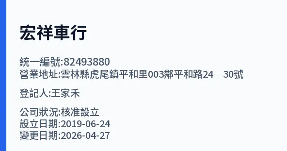 宏祥車行的照片-統編 82493880(雲林縣) 公司登記資料與營業項目詳細圖表