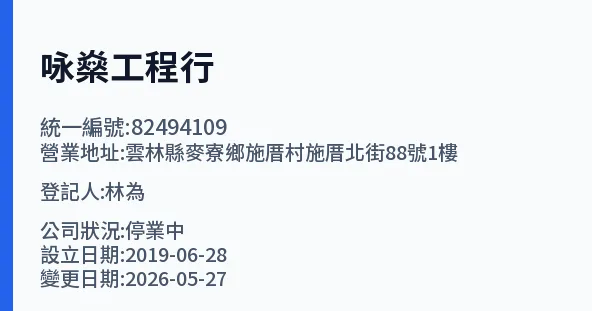 咏燊工程行的照片-統編 82494109(雲林縣) 公司登記資料與營業項目詳細圖表