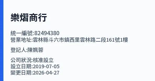 樂熠商行的照片-統編 82494380(雲林縣) 公司登記資料與營業項目詳細圖表