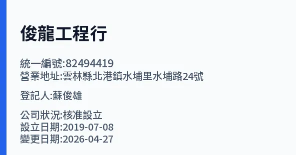 俊龍工程行的照片-統編 82494419(雲林縣) 公司登記資料與營業項目詳細圖表