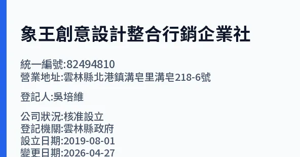 象王創意設計整合行銷企業社的照片-統編 82494810(雲林縣) 公司登記資料與營業項目詳細圖表