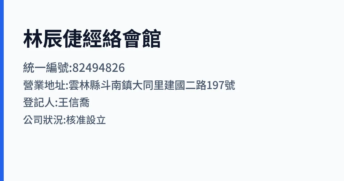 林辰倢經絡會館 - 統編 82494826(雲林縣) 公司登記資料與營業項目詳細圖表