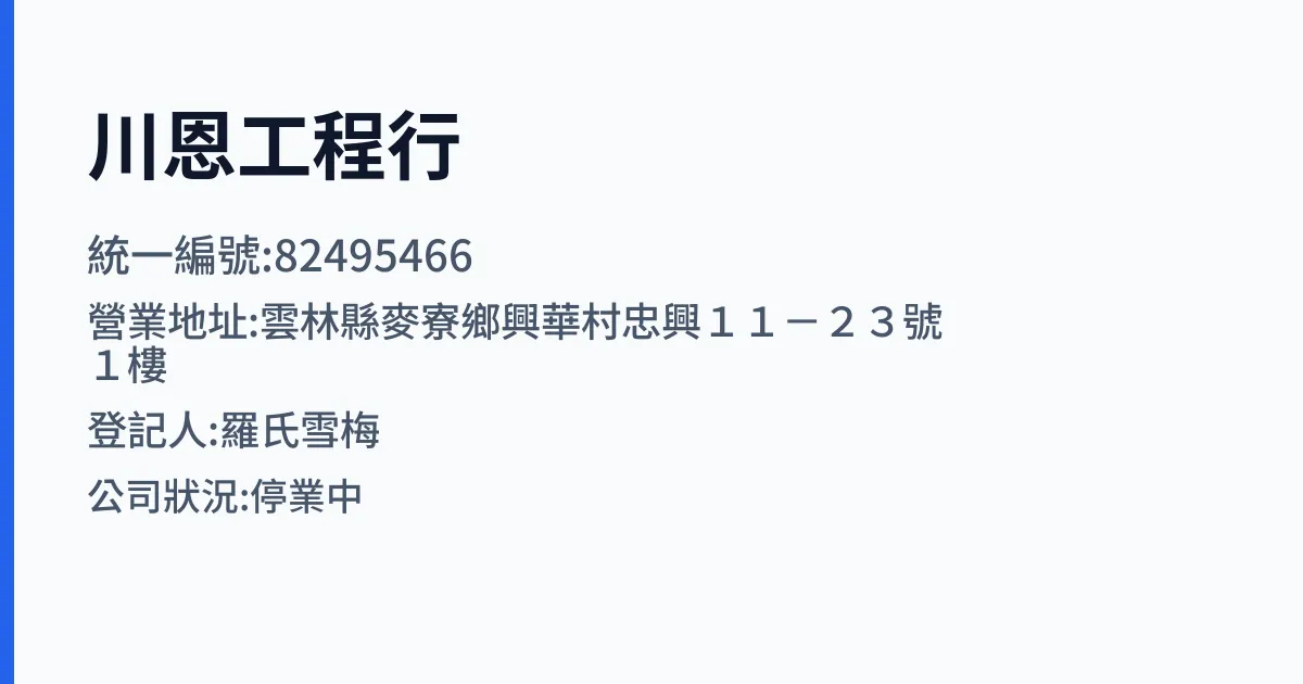 川恩工程行 - 統編 82495466(雲林縣) 公司登記資料與營業項目詳細圖表