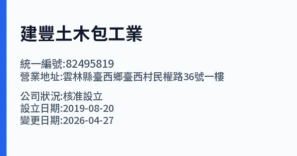 建豐土木包工業的照片-統編 82495819(雲林縣) 公司登記資料與營業項目詳細圖表