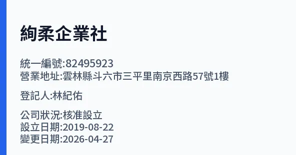 絢柔企業社的照片-統編 82495923(雲林縣) 公司登記資料與營業項目詳細圖表