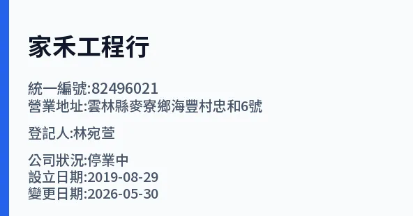 家禾工程行的照片-統編 82496021(雲林縣) 公司登記資料與營業項目詳細圖表