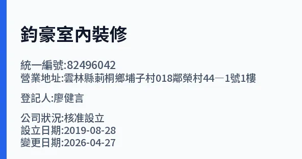 鈞豪室內裝修的照片-統編 82496042(雲林縣) 公司登記資料與營業項目詳細圖表
