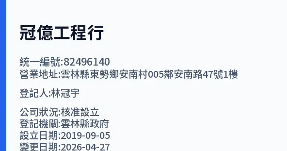 冠億工程行的照片-統編 82496140(雲林縣) 公司登記資料與營業項目詳細圖表