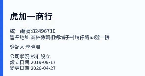 虎加一商行的照片-統編 82496710(雲林縣) 公司登記資料與營業項目詳細圖表