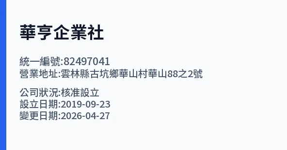 華亨企業社的照片-統編 82497041(雲林縣) 公司登記資料與營業項目詳細圖表