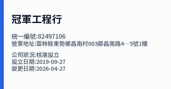 冠軍工程行的照片-統編 82497106(雲林縣) 公司登記資料與營業項目詳細圖表