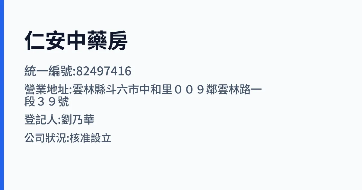仁安中藥房 - 統編 82497416（雲林縣） 公司登記資料與營業項目詳細圖表
