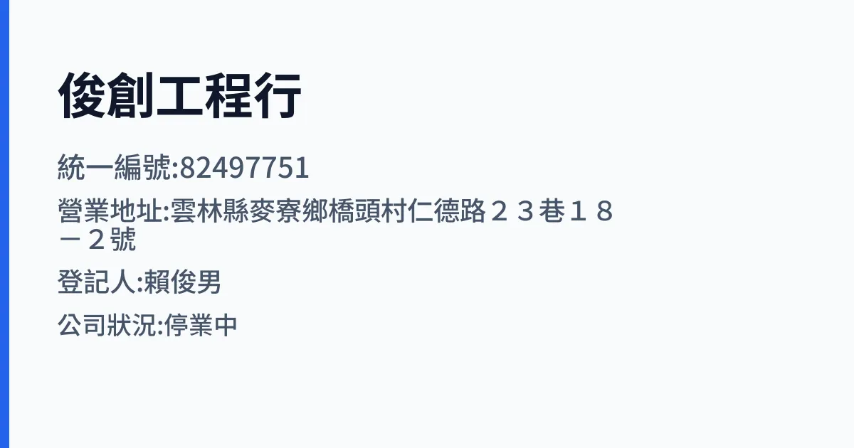 俊創工程行 - 統編 82497751(雲林縣) 公司登記資料與營業項目詳細圖表