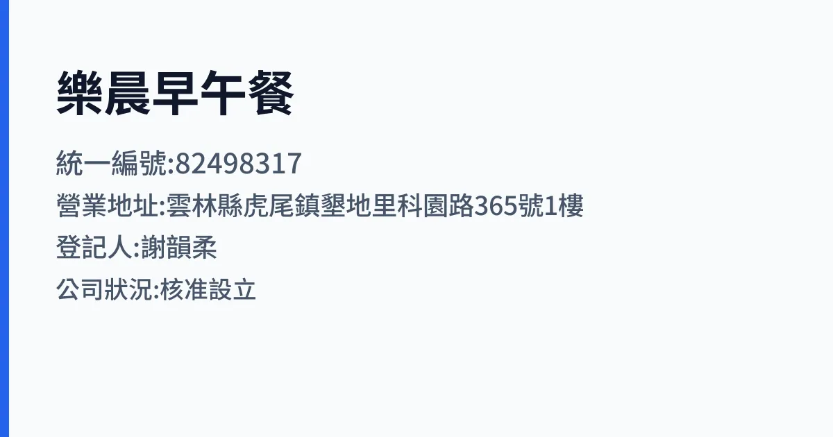 樂晨早午餐 - 統編 82498317(雲林縣) 公司登記資料與營業項目詳細圖表