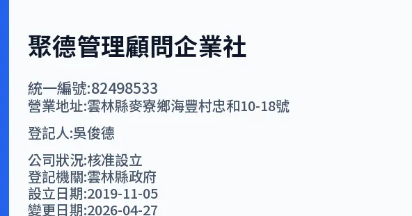 聚德管理顧問企業社的照片-統編 82498533(雲林縣) 公司登記資料與營業項目詳細圖表