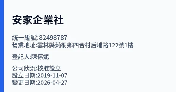 安家企業社的照片-統編 82498787(雲林縣) 公司登記資料與營業項目詳細圖表