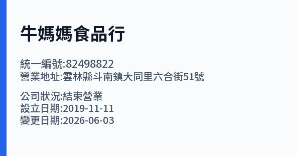 牛媽媽食品行的照片-統編 82498822(雲林縣) 公司登記資料與營業項目詳細圖表
