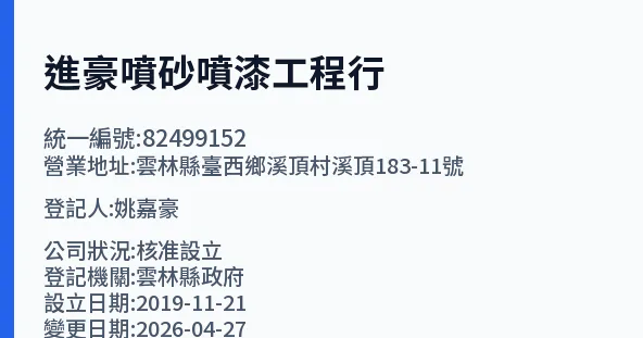 進豪噴砂噴漆工程行的照片-統編 82499152(雲林縣) 公司登記資料與營業項目詳細圖表