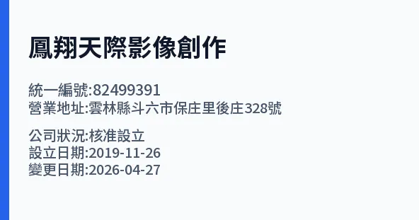 鳳翔天際影像創作的照片-統編 82499391(雲林縣) 公司登記資料與營業項目詳細圖表