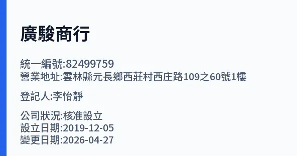 廣駿商行的照片-統編 82499759(雲林縣) 公司登記資料與營業項目詳細圖表