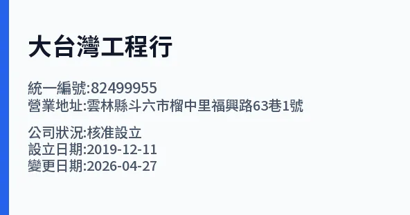大台灣工程行的照片-統編 82499955(雲林縣) 公司登記資料與營業項目詳細圖表