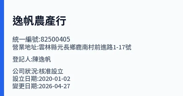 逸帆農產行的照片-統編 82500405(雲林縣) 公司登記資料與營業項目詳細圖表