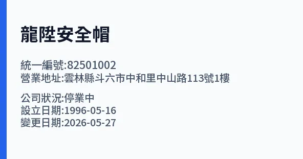 龍陞安全帽的照片-統編 82501002(雲林縣) 公司登記資料與營業項目詳細圖表