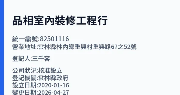 品相室內裝修工程行的照片-統編 82501116(雲林縣) 公司登記資料與營業項目詳細圖表