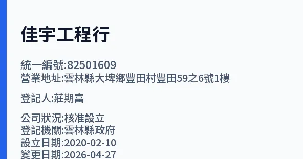 佳宇工程行的照片-統編 82501609(雲林縣) 公司登記資料與營業項目詳細圖表