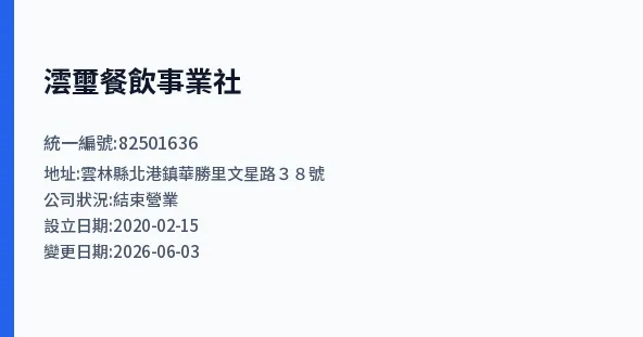 澐璽餐飲事業社的照片-統編 82501636(雲林縣) 公司登記資料與營業項目詳細圖表