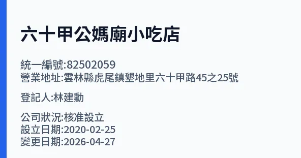 六十甲公媽廟小吃店的照片-統編 82502059(雲林縣) 公司登記資料與營業項目詳細圖表