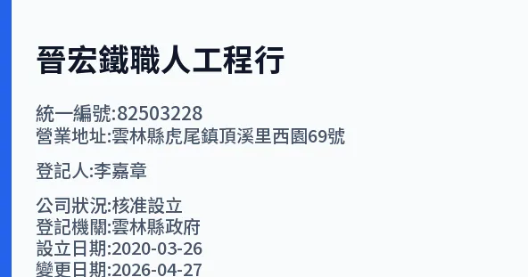 晉宏鐵職人工程行的照片-統編 82503228(雲林縣) 公司登記資料與營業項目詳細圖表