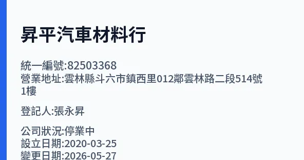 昇平汽車材料行的照片-統編 82503368(雲林縣) 公司登記資料與營業項目詳細圖表
