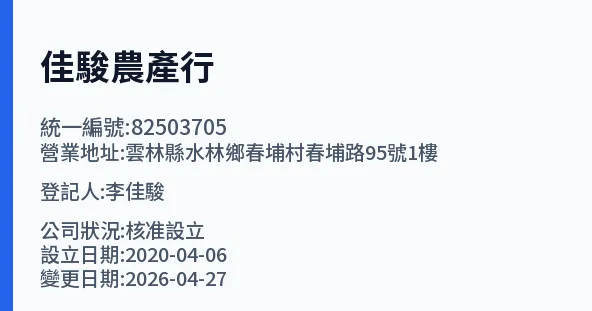 佳駿農產行的照片-統編 82503705(雲林縣) 公司登記資料與營業項目詳細圖表