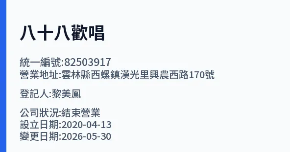 八十八歡唱的照片-統編 82503917(雲林縣) 公司登記資料與營業項目詳細圖表