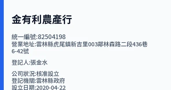 金有利農產行的照片-統編 82504198(雲林縣) 公司登記資料與營業項目詳細圖表