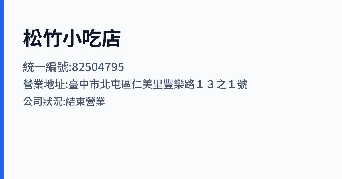 松竹小吃店 - 統編 82504795(臺中市) 公司登記資料與營業項目詳細圖表